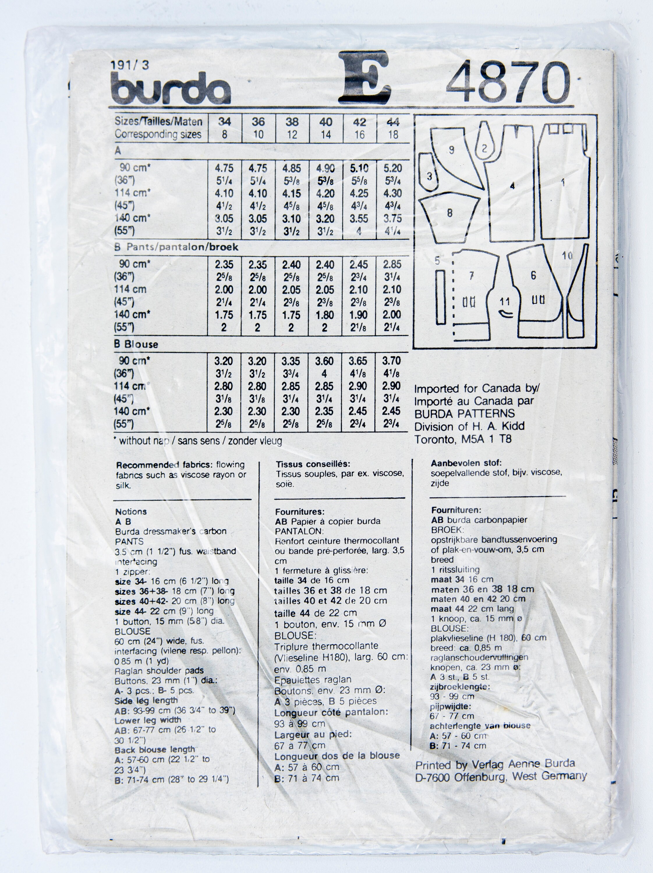 Burda Sewing Pattern 4870, Misses' Jacket, Top, Pants, Vintage Pattern ...