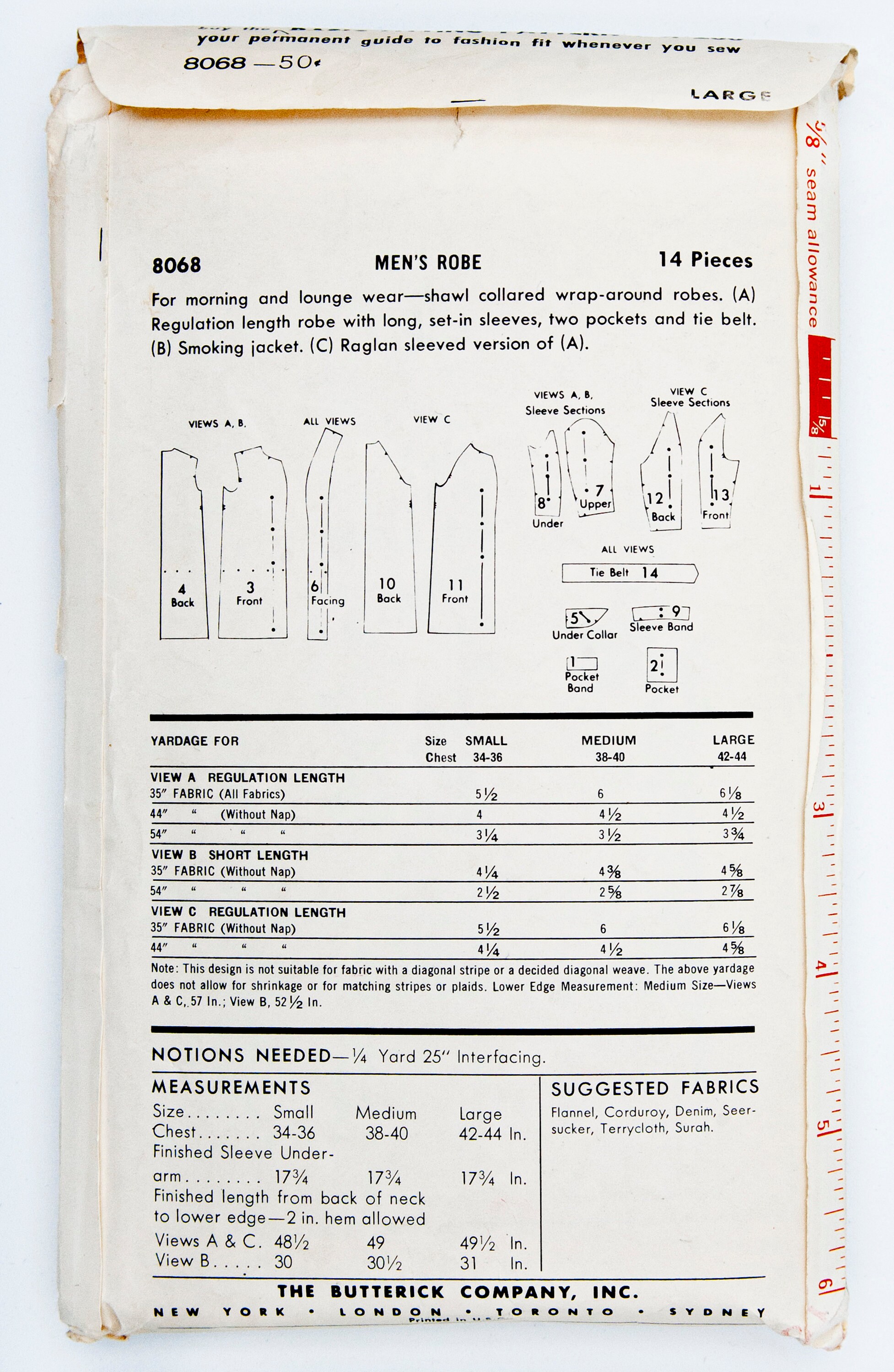 Butterick Sewing Pattern 8068, Vintage Pattern, Men's Robe, Size Large ...