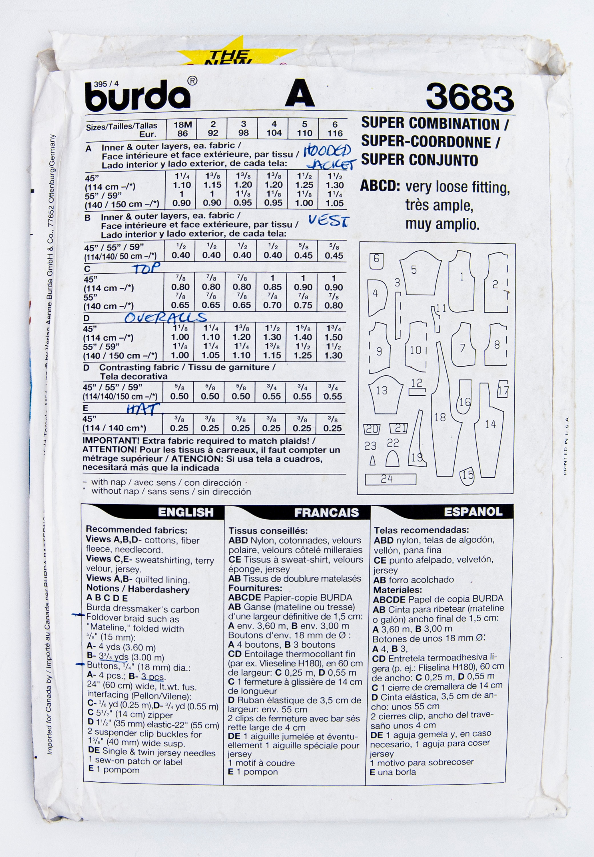 Burda Sewing Pattern 3683, Childs' Vest, Jacket, Hat, Top, Jumpsuit ...