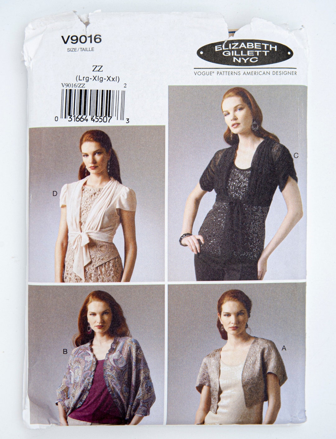 Vogue Sewing Pattern 9016, Misses' Shrug, Jacket, Vintage Pattern, Elizabeth Gillett NYC, Size L ...