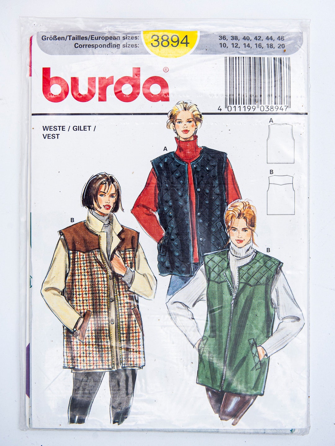 Burda Sewing Pattern 3894, Misses' Vest, Vintage Pattern, Size 10-12-14 ...