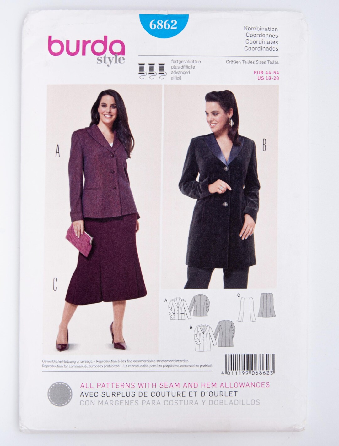 Burda Style Sewing Pattern 6862, Misses' /women's Jacket, Skirt, Plus ...
