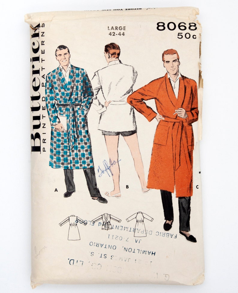 Butterick Sewing Pattern 8068, Vintage Pattern, Men's Robe, Size Large ...