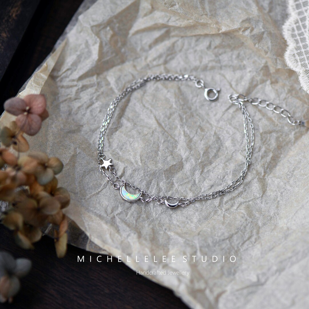 Dainty Opal Moon Bracelet Crescent Moon and Star Sterling - Etsy