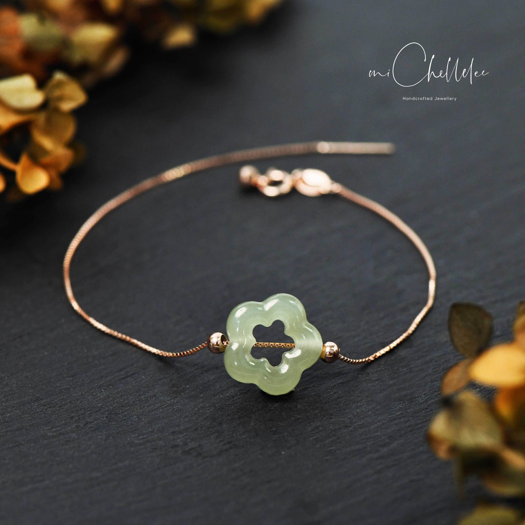 Natural Green Jade Flower Bracelet, Sterling Silver Bracelet With ...