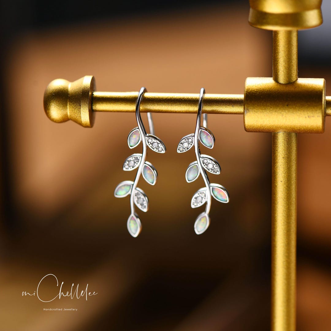 Dangling Opal Leaves Drop Earrings, White Opal and Crystal Tree Leaves Sterling Silver Earrings ...