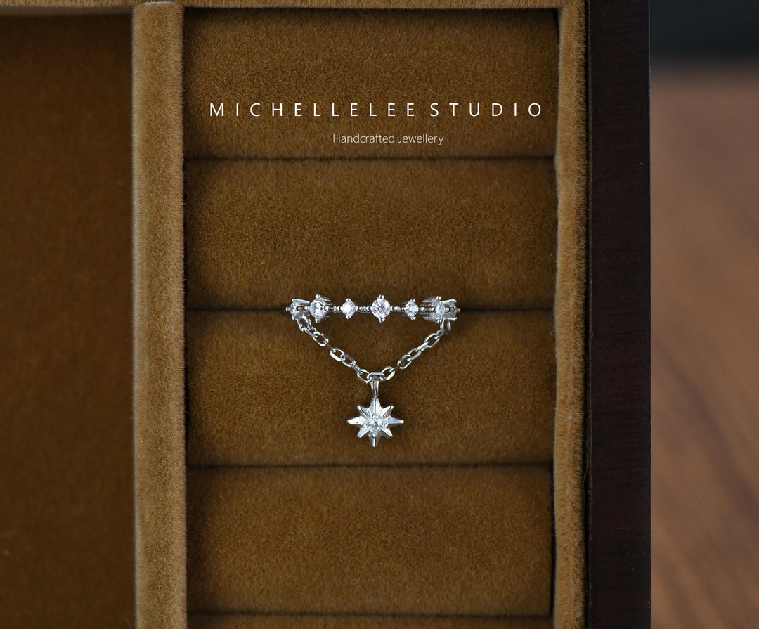 Dangling Starburst Ring, Sterling Silver Crystal Star Ring, Ring With ...