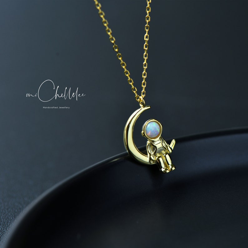 Sterling Silver Astronaut Necklace, Opal Moon Pendant, Miniature Space ...