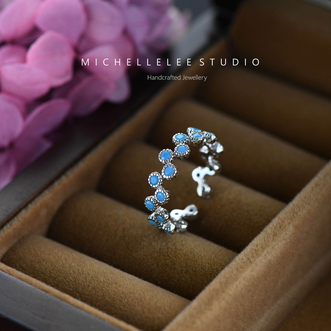 Black Dotted Adjustable Open Ring, Sterling Silver Ring With Black CZ ...