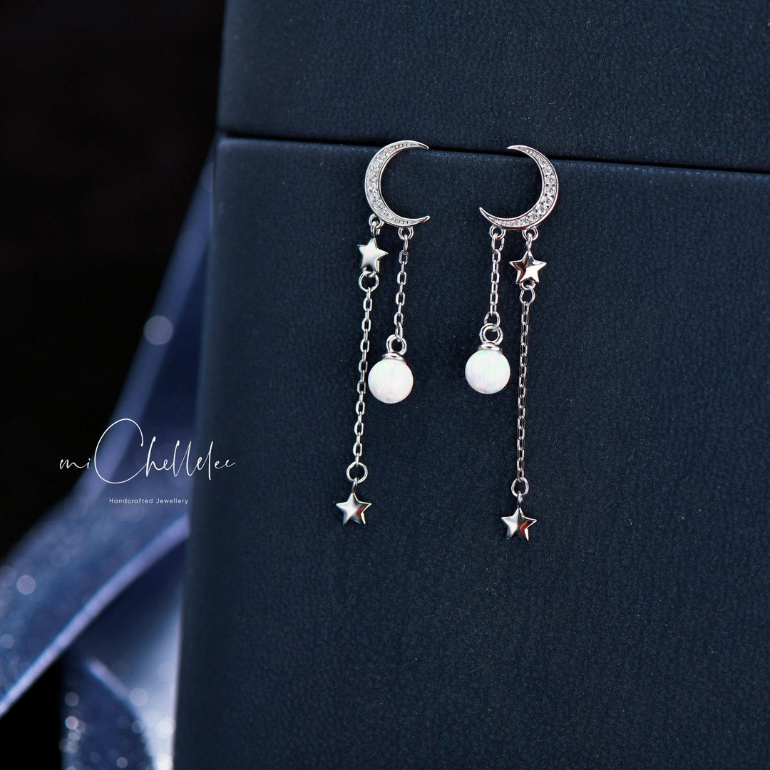 Moon and Dangling Stars Drop Earrings in Sterling Silver, Fire Opal ...