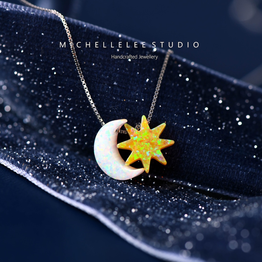 Opal Moon and Sun Necklace, Fire Opal Crescent Moon Pendant Necklace in ...