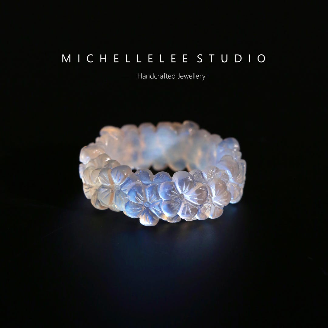 3D Engraving Blue Moonstone Flower Ring, Made to Order - Etsy