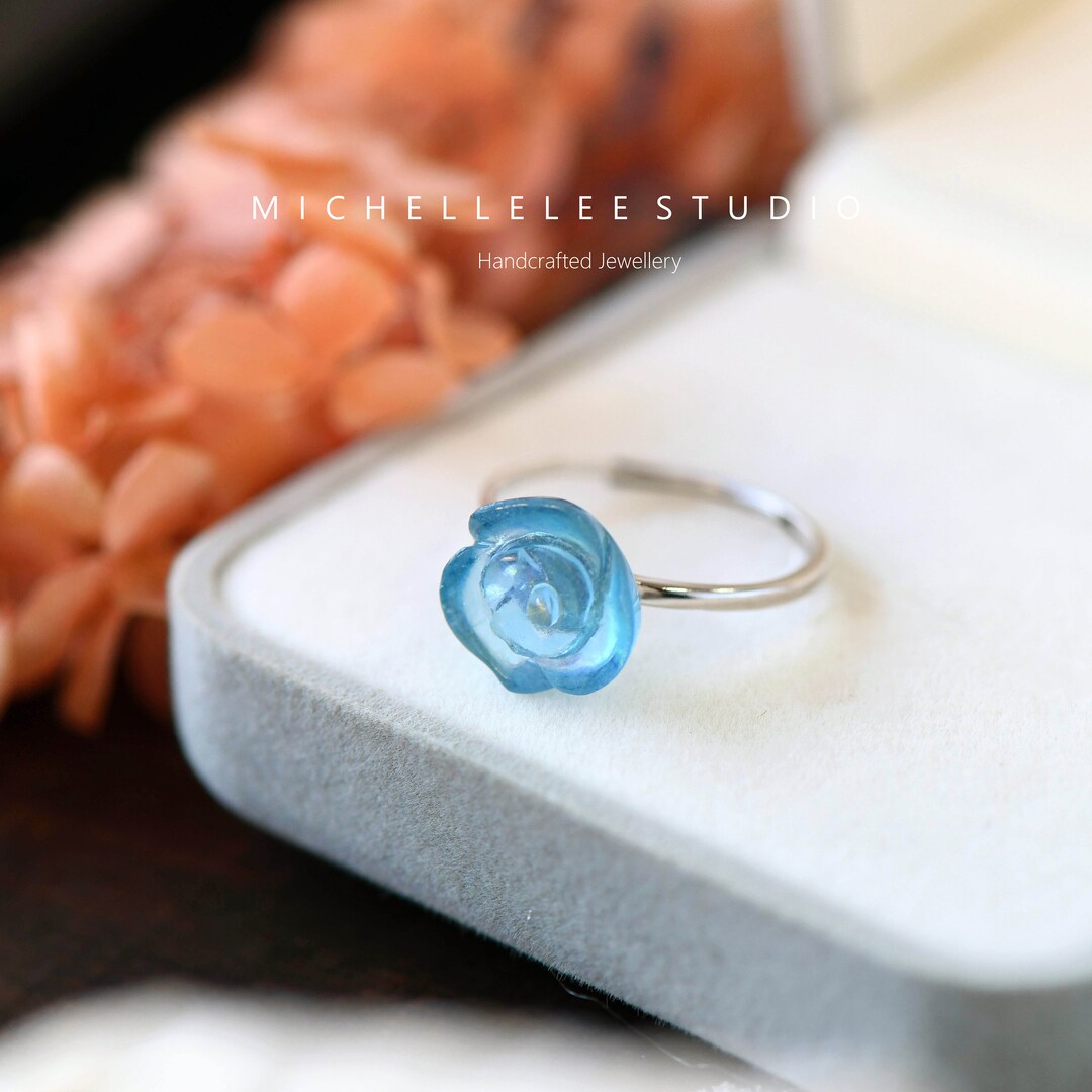 Hand Carved Natural Aquamarine Flower Ring, Rose Flower Ring, March ...