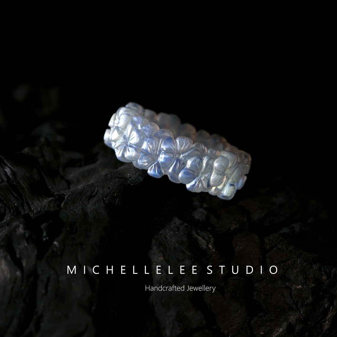 3D Engraving Blue Moonstone Flower Ring, Made to Order - Etsy