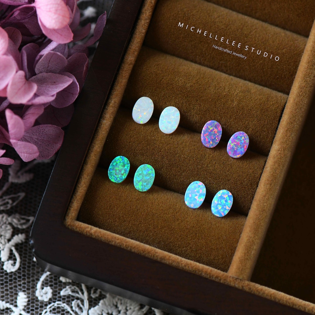 Oval Opal Sterling Silver Stud Earrings, Multi Color Fire Opal - Etsy