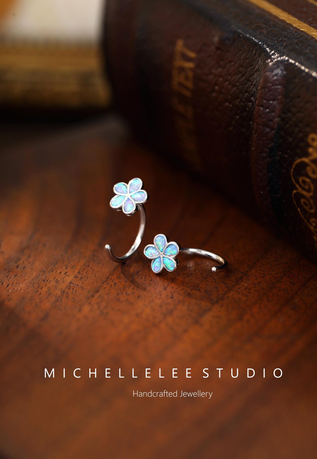 Small Opal Flower Open Hoop Earrings, White and Blue Opal Flower ...