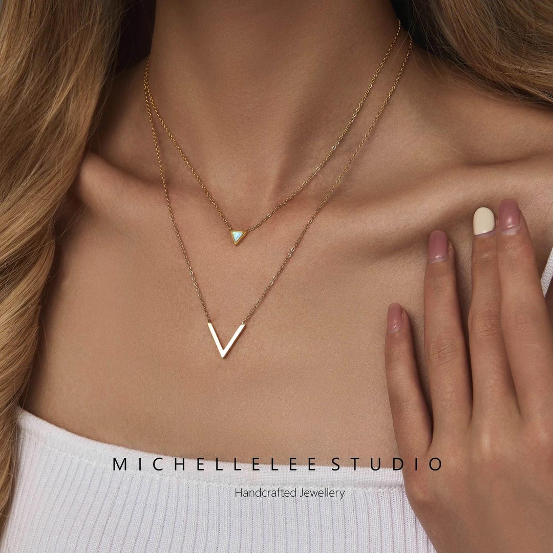 Double Layer Triangle Opal and Chevron Pendant Necklace, White Opal and ...