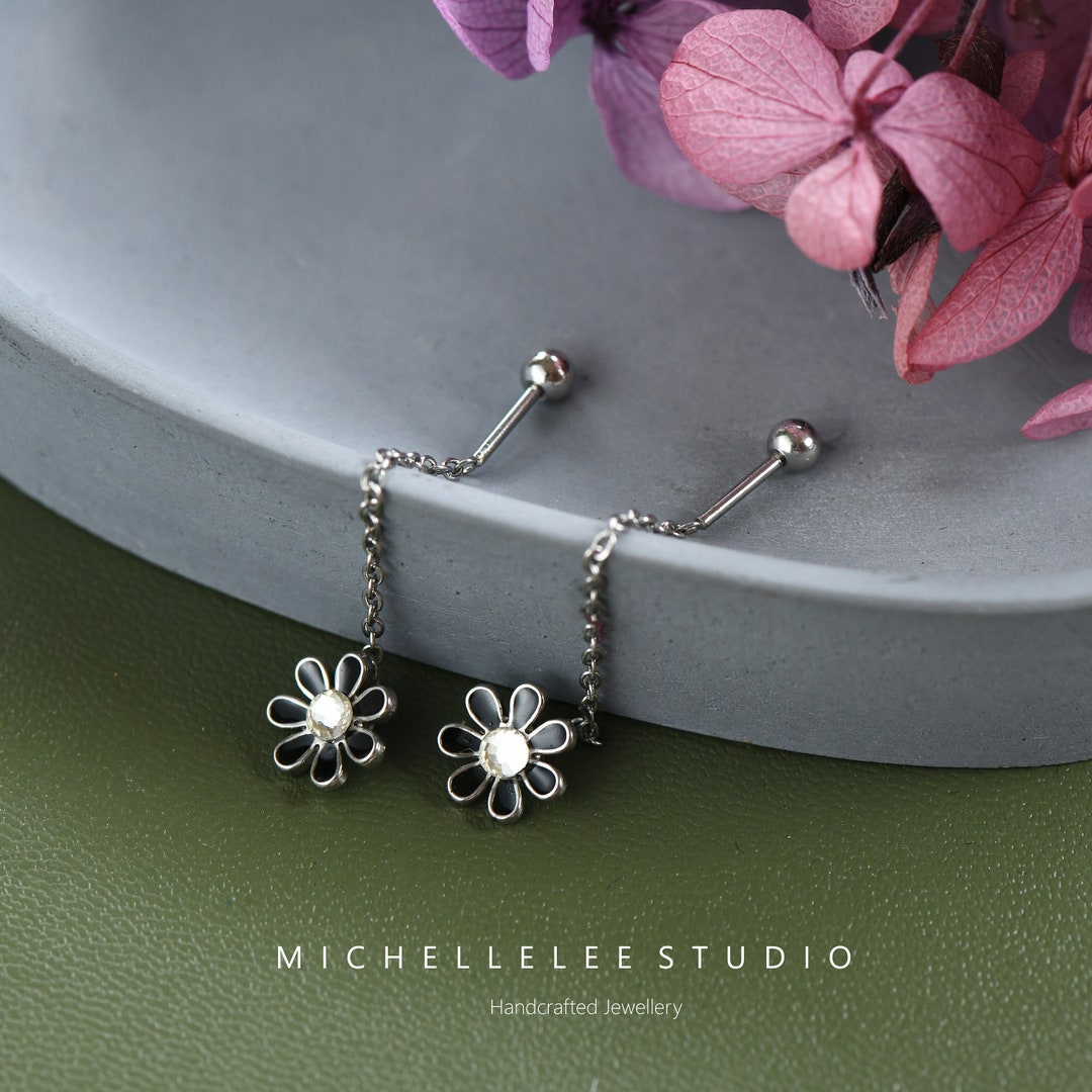 Enameled Flower Ear Threader Stainless Steel Flower Earrings - Etsy