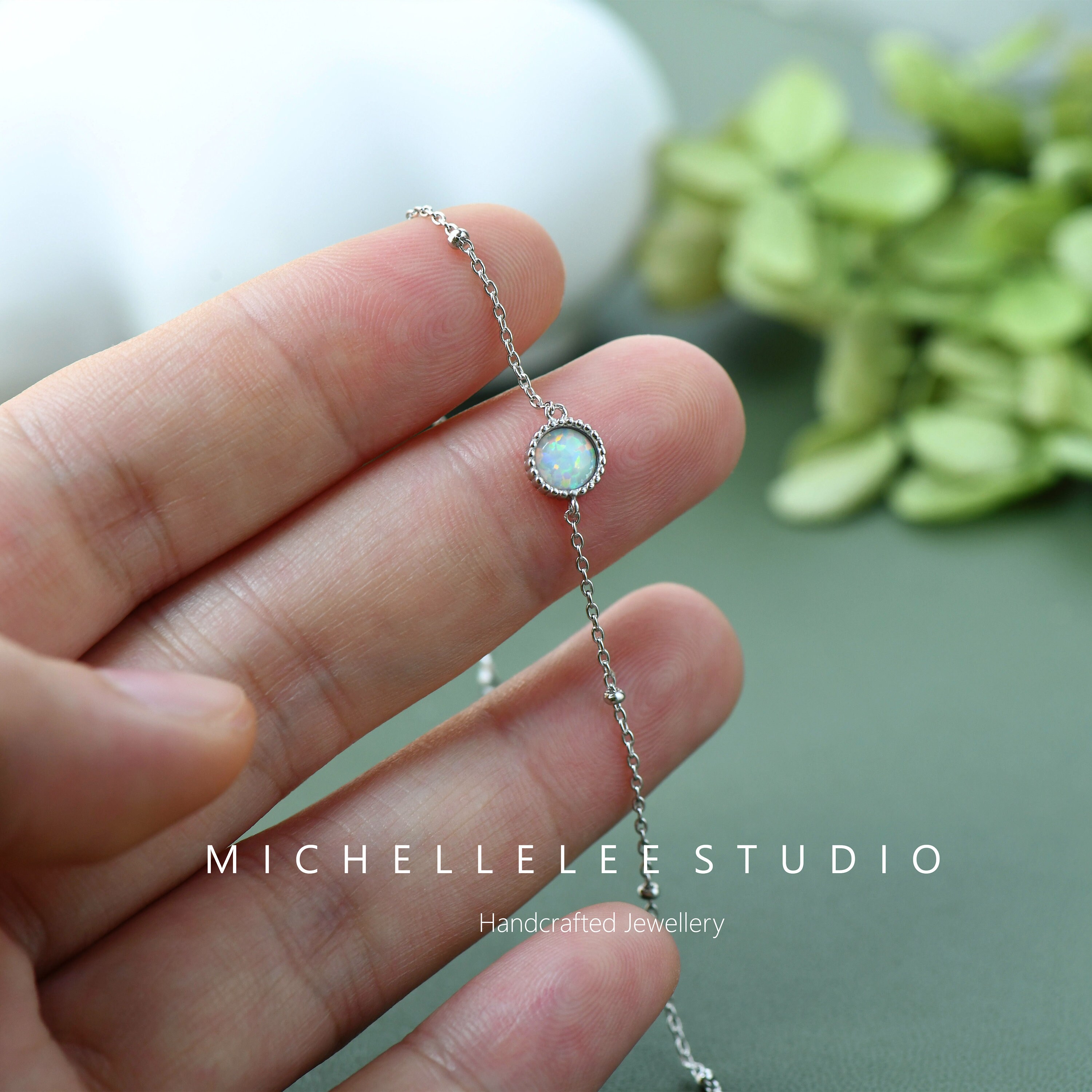 Dainty Opal Bracelet in Sterling Silver White Fire Opal Charm - Etsy