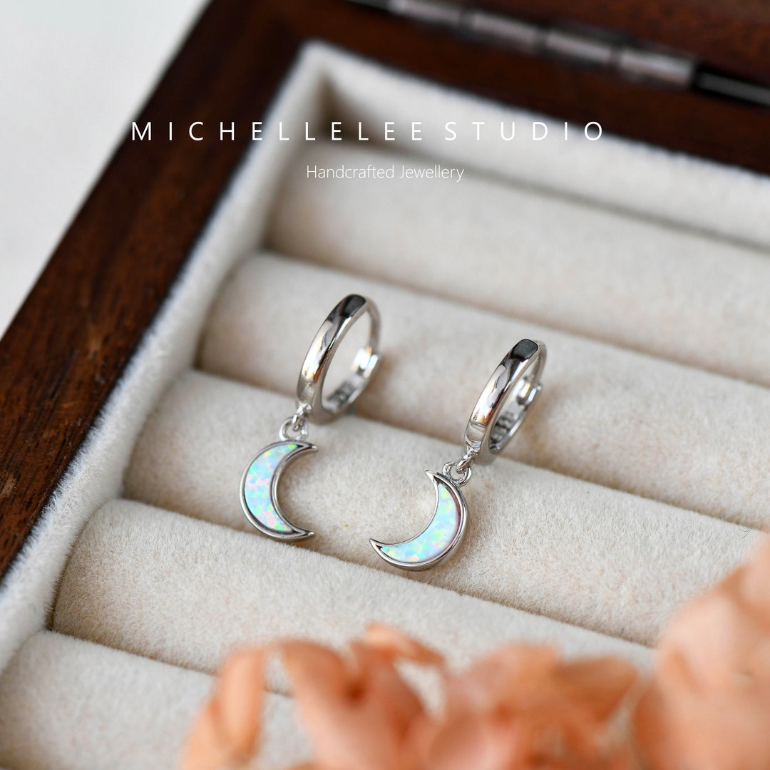 White Opal Moon Hoop Earrings, Tiny Crescent Moon Huggie Hoop Earrings ...