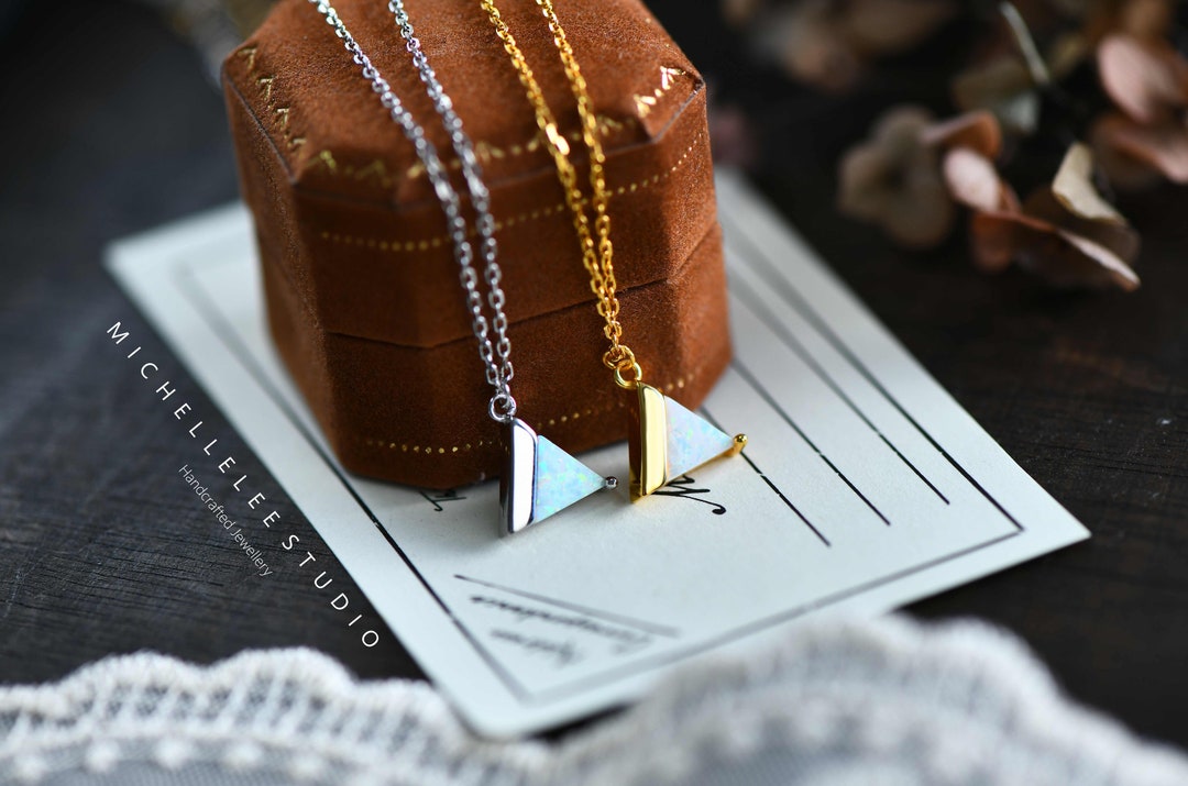 White Opal Triangle Pendant Necklace in Sterling Silver, Fire Opal ...