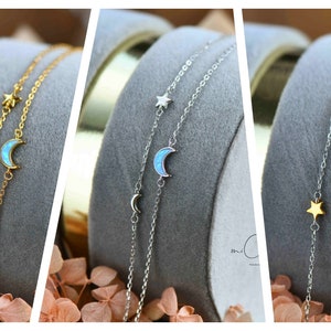 Dainty Opal Moon Bracelet, Crescent Moon and Star Sterling Silver ...