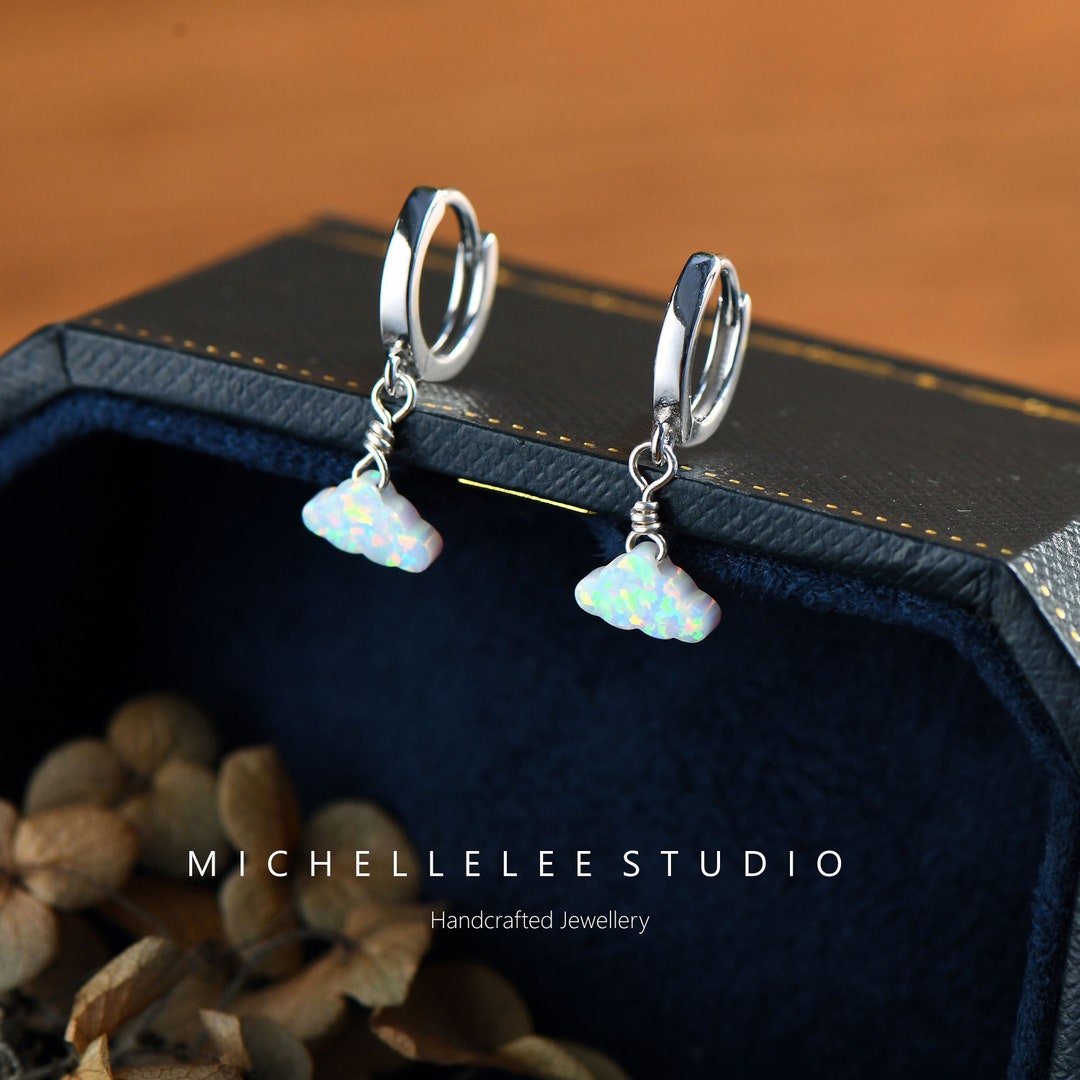 Dangling Opal Hoop Earrings, Fire Opal Cloud Earrings, White Opal ...