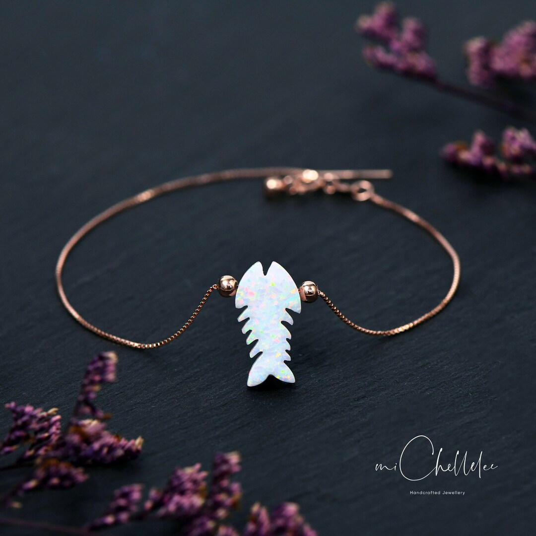 White Opal Fish Bracelet, Fishbone Opal Bracelet, Fire Opal Skeleton ...