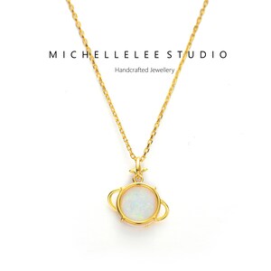 Large Opal Planet Pendant Necklace, White Opal Saturn Necklace, Celestial Necklace, Space ...