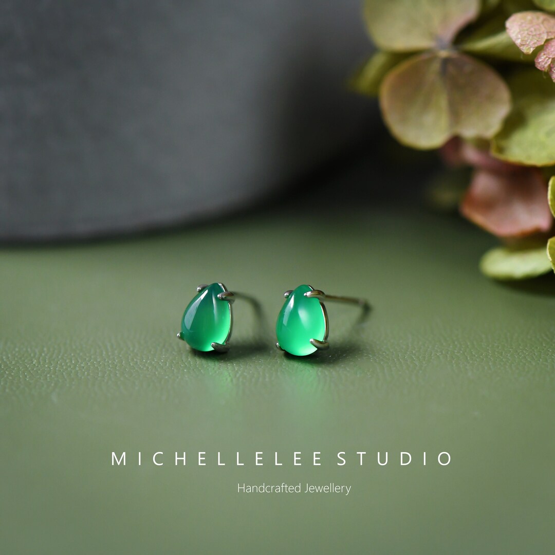 Green Onyx Teardrop Stud Earrings, Simulated Emerald Chrysoprase Earrings in Sterling Silver ...