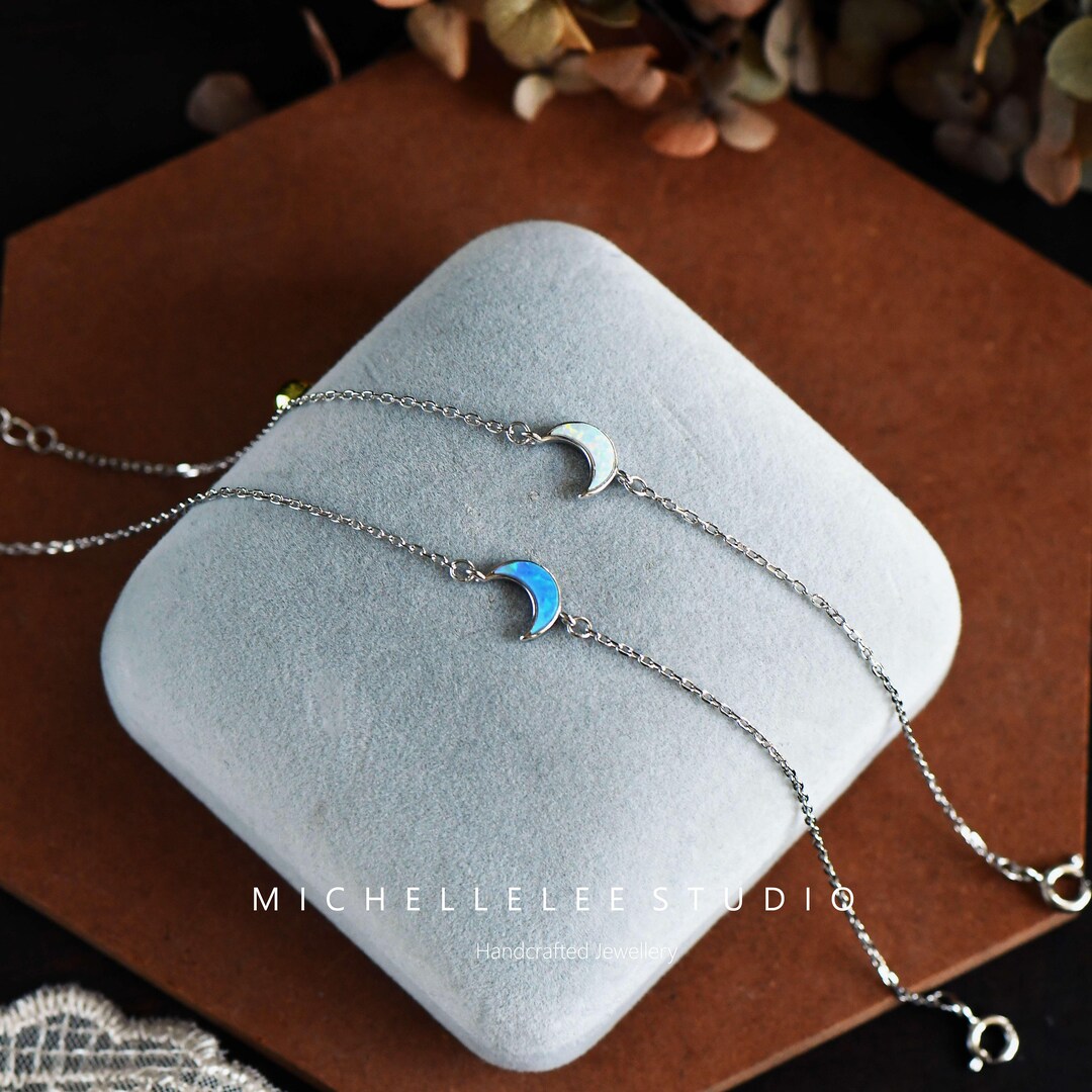 Opal Crescent Moon Sterling Silver Bracelet, Synthetic Opal - Etsy