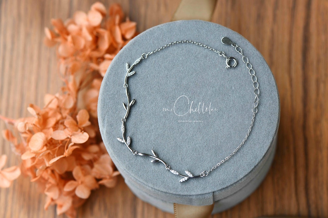 Dainty Olive Leaves Bracelet in Sterling Silver, CZ Crystal Tree Leaves ...