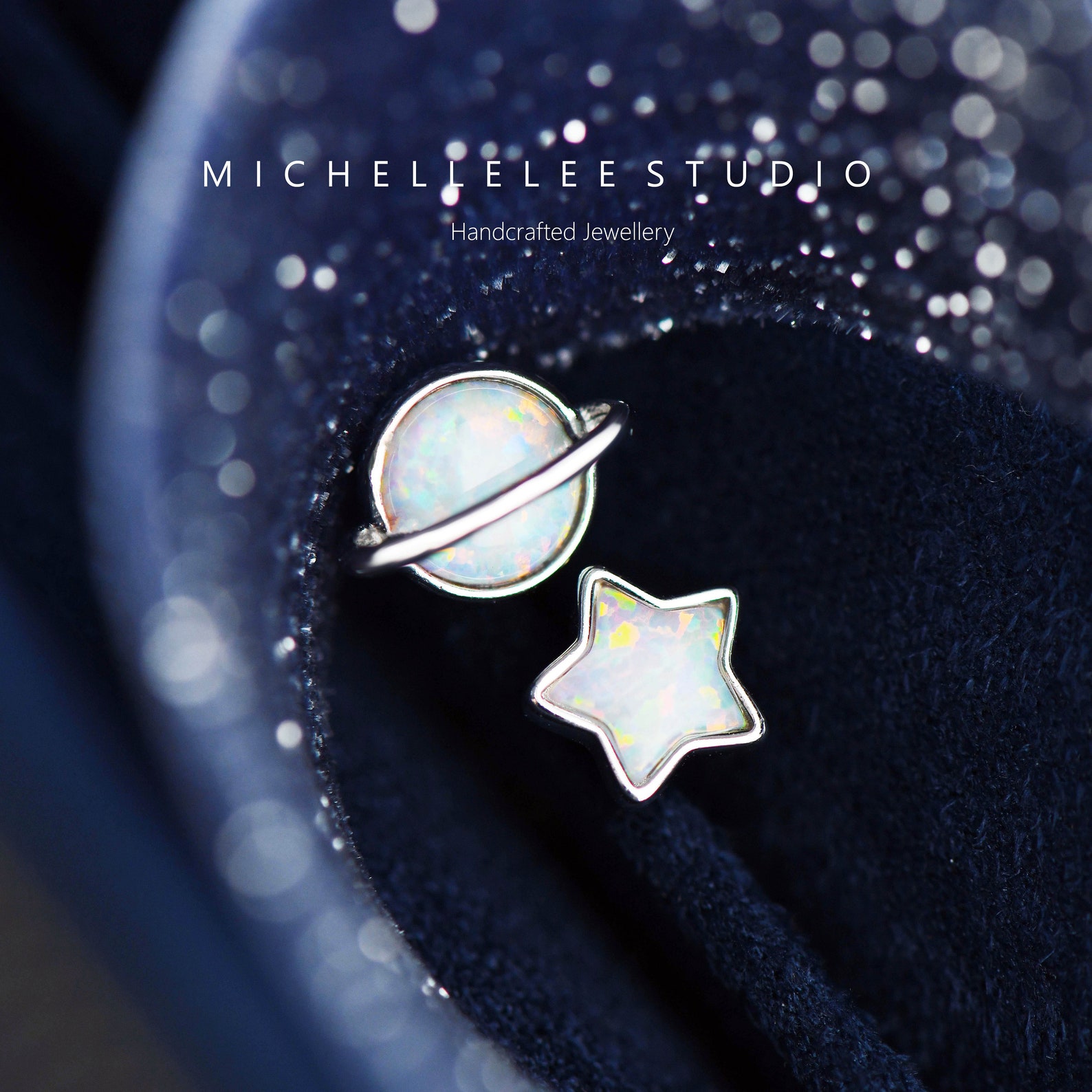 White Opal Planet and Star Stud Earrings in Sterling Silver, Mismatched ...