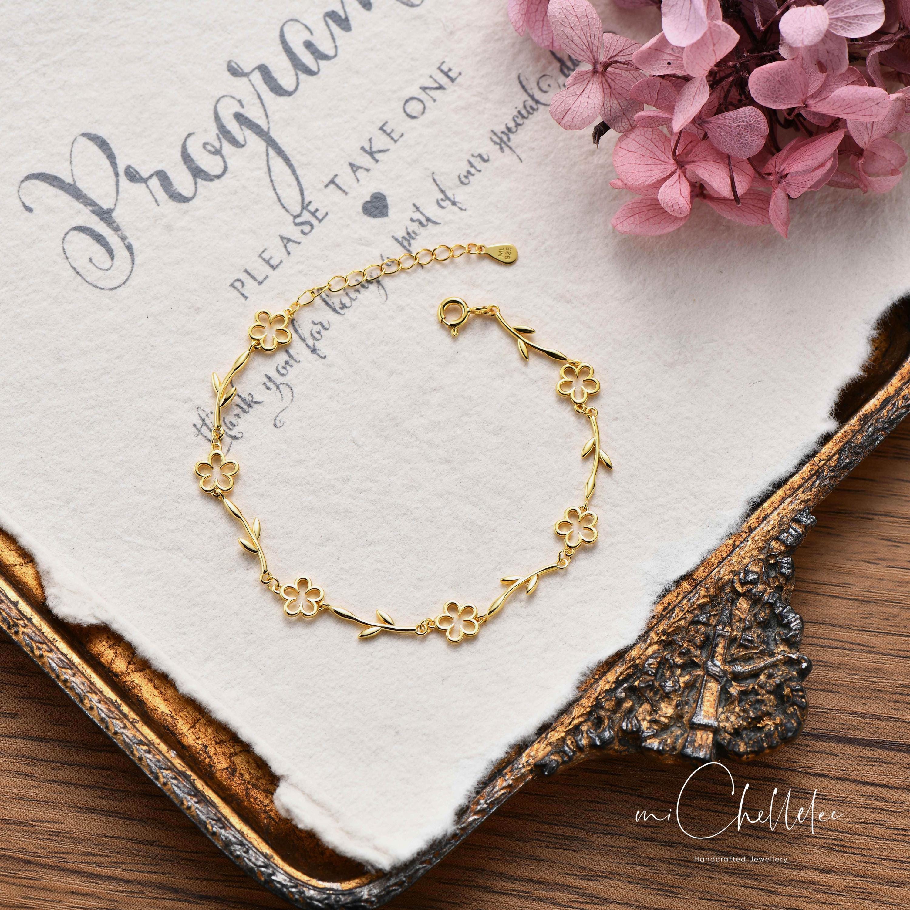 Olive Leaf and Flower Bracelet in Sterling Silver, Daisy Flower and ...