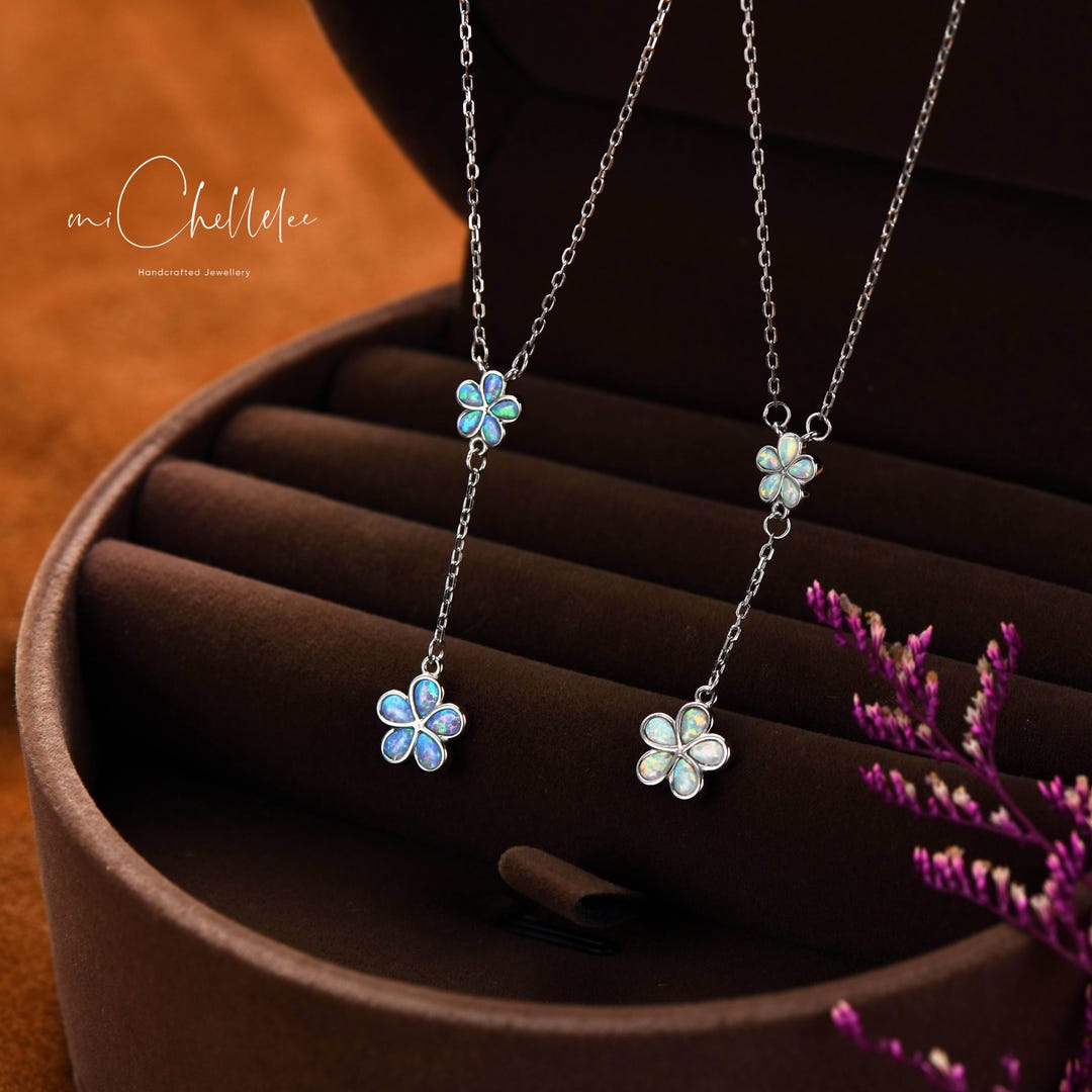 Dainty Opal Duo Flowers Sterling Silver Necklace, White and Blue Opal ...