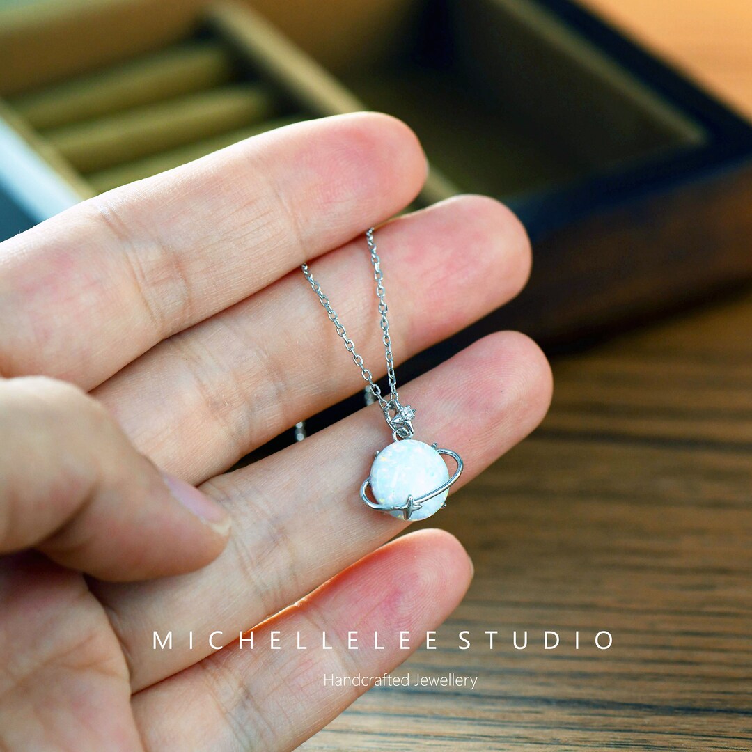 Large Opal Planet Pendant Necklace, White Opal Saturn Necklace ...
