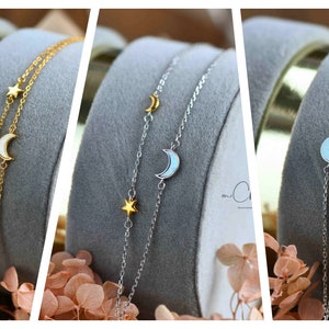 Dainty Opal Moon Bracelet, Crescent Moon and Star Sterling Silver ...