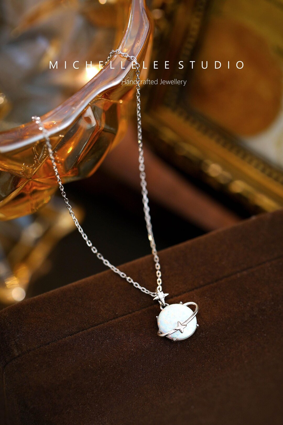 Large Opal Planet Pendant Necklace, White Opal Saturn Necklace, Celestial Necklace, Space ...