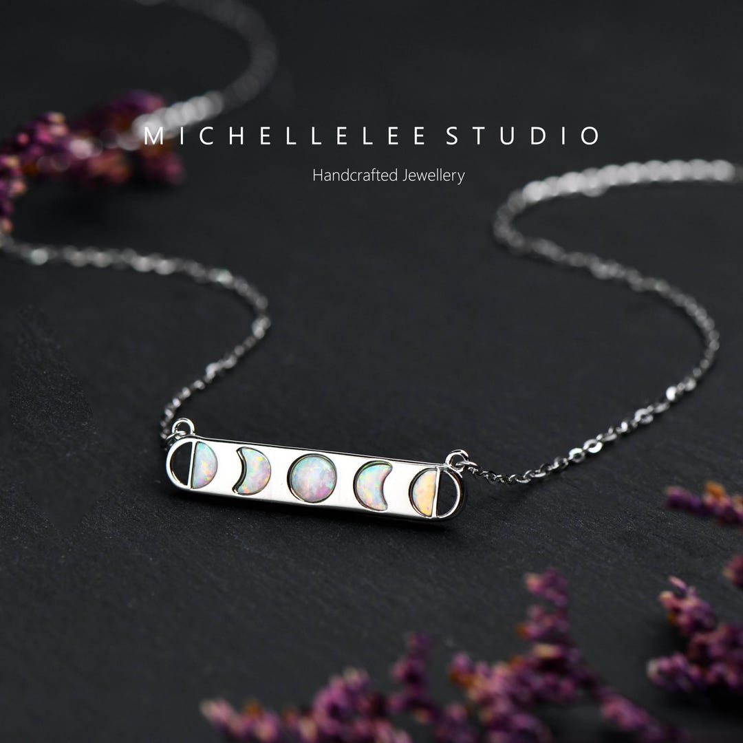 Opal Moon Phases Necklace, White and Blue Opal Crescent Moon Sterling ...