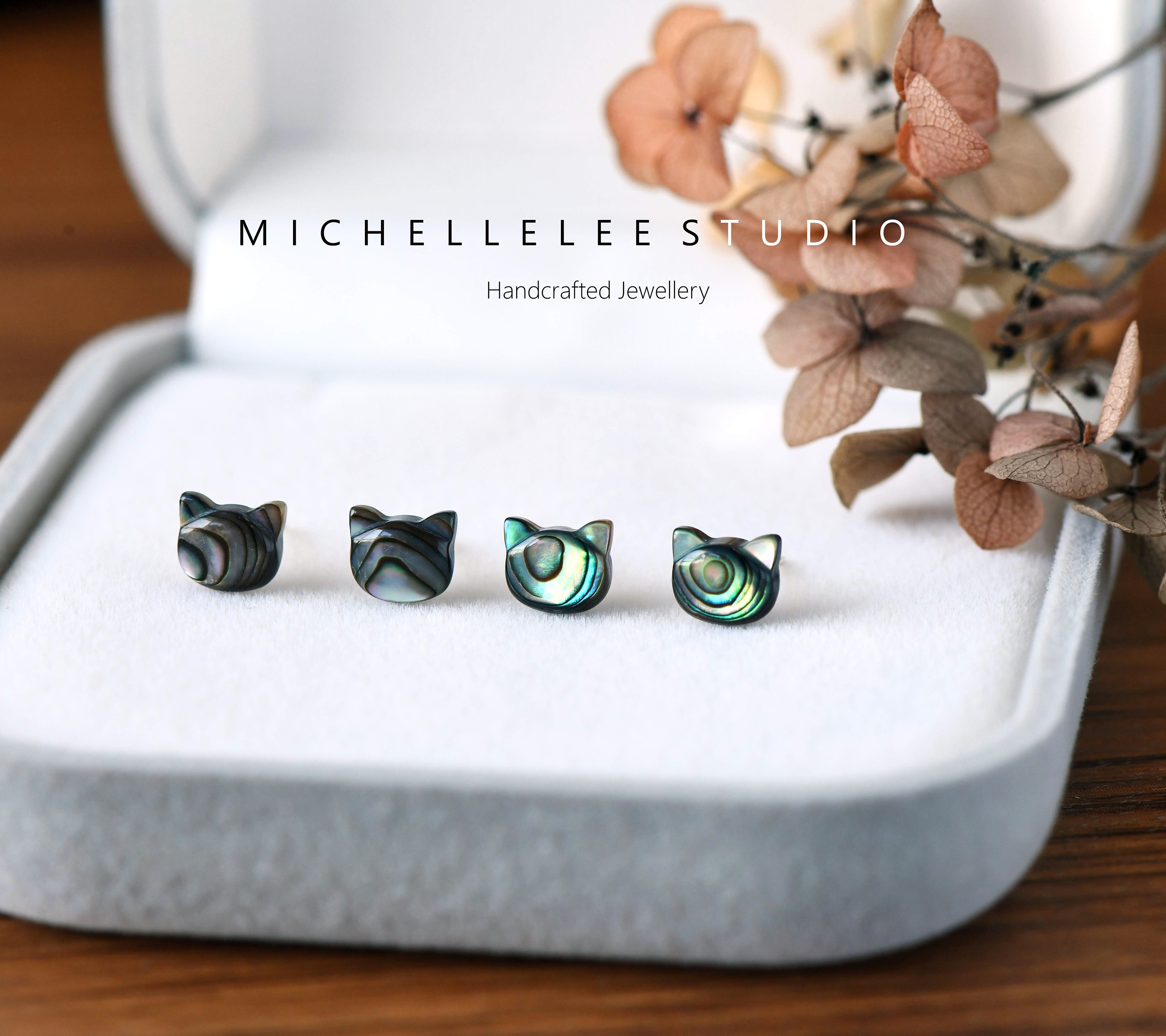 Hand Carved Abalone Shell Cat Stud Earrings, Natural Abalone Shell ...
