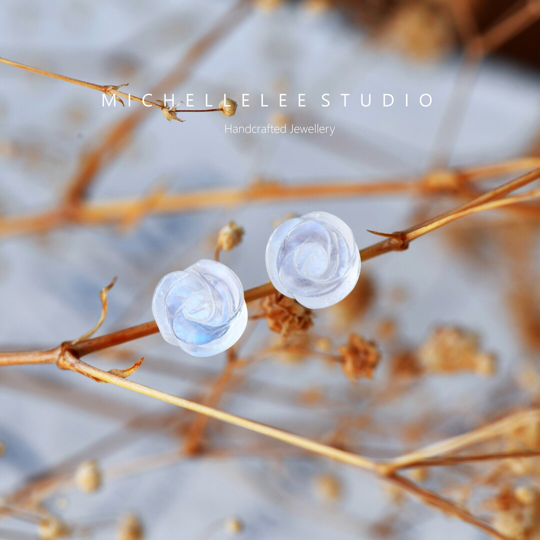 Hand Carved Natural Moonstone Flower Stud Earrings, Rose Flower ...