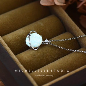 Large Opal Planet Pendant Necklace, White Opal Saturn Necklace, Celestial Necklace, Space ...