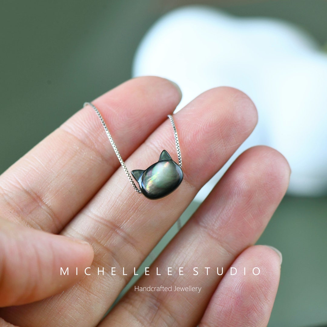 Hand Carved Black Cat Pendant Necklace, Natural Black Mother of Pearl ...