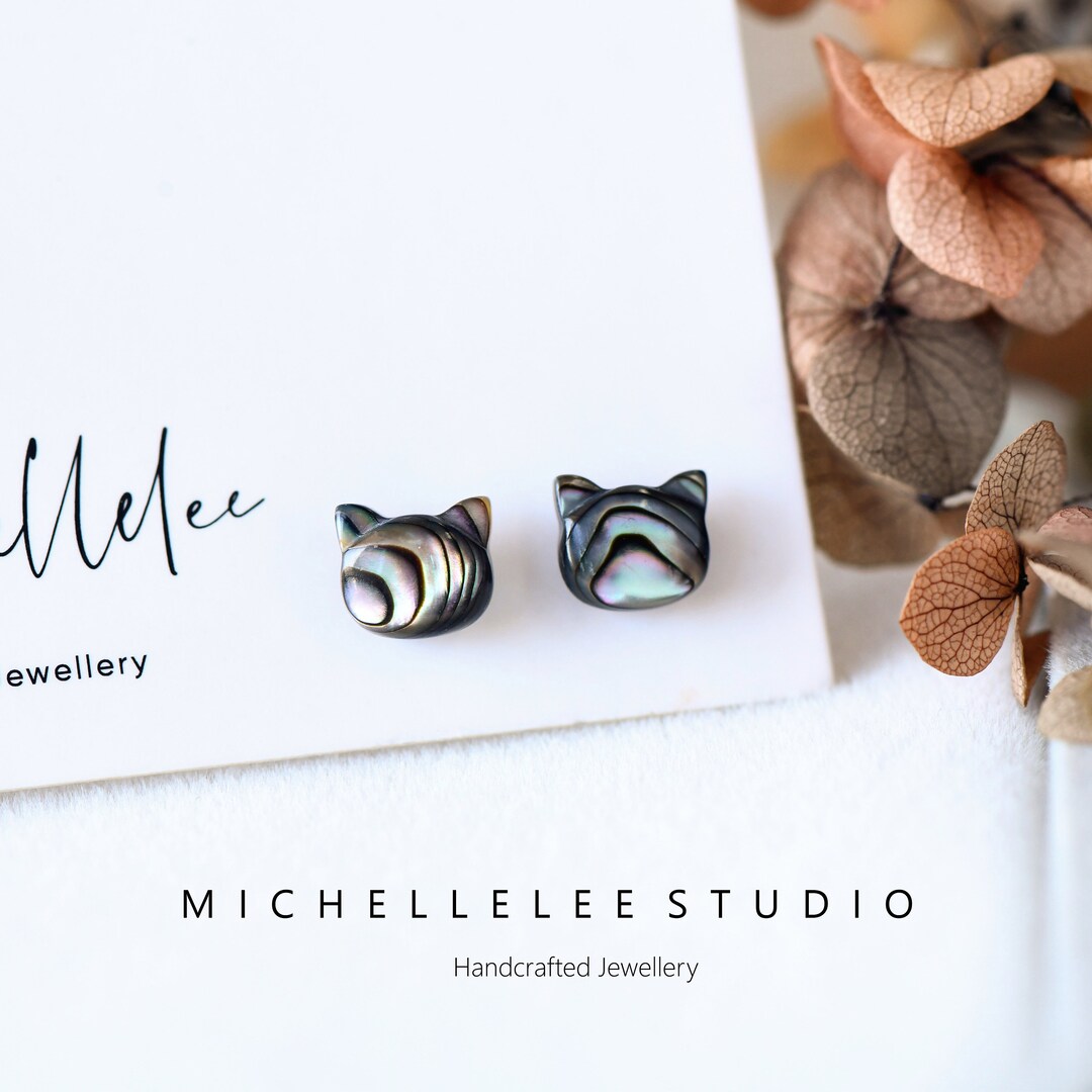 Hand Carved Abalone Shell Cat Stud Earrings, Natural Abalone Shell ...
