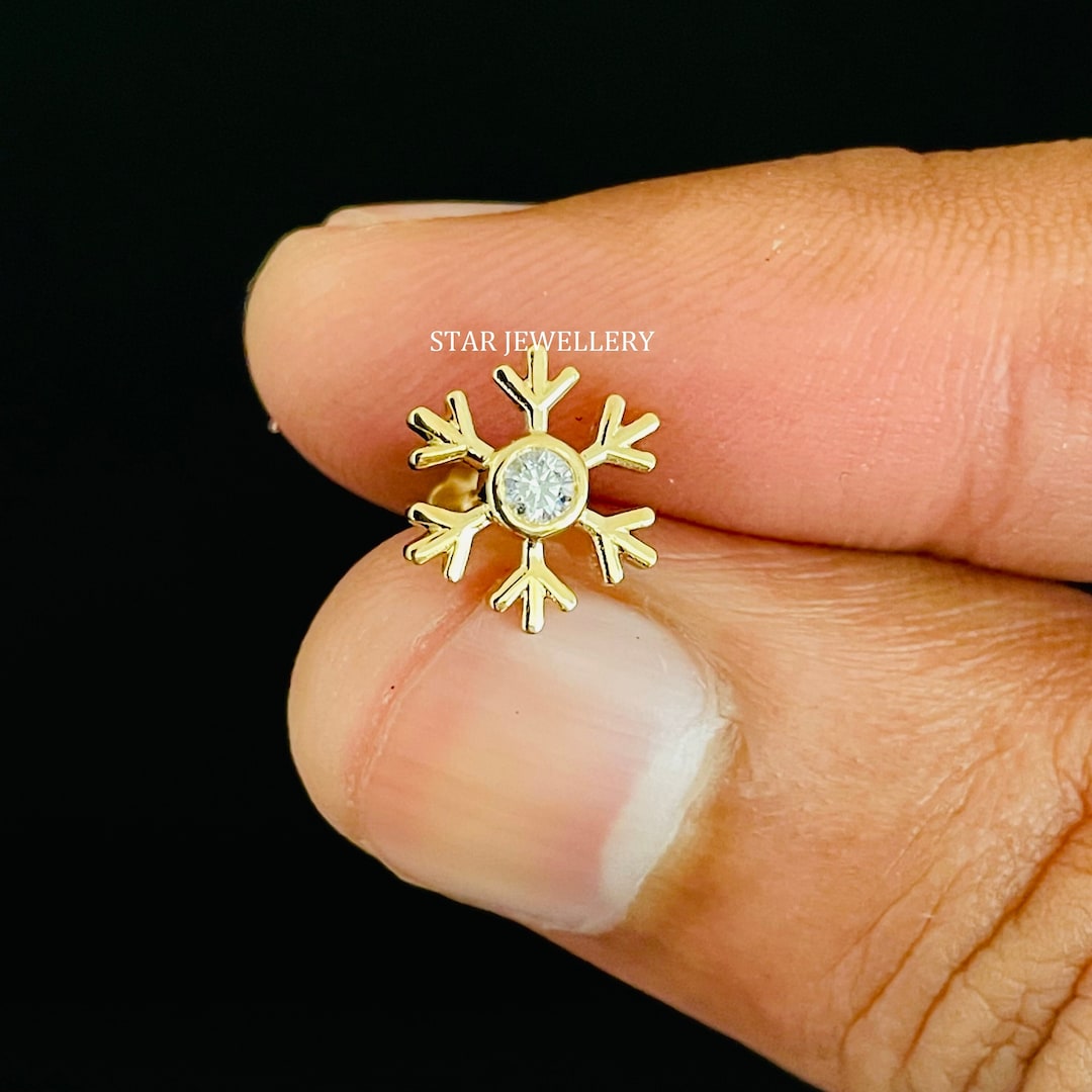 14K Solid Gold Ice Flower Diamond Piercing, Bezel Set Natural Diamond ...