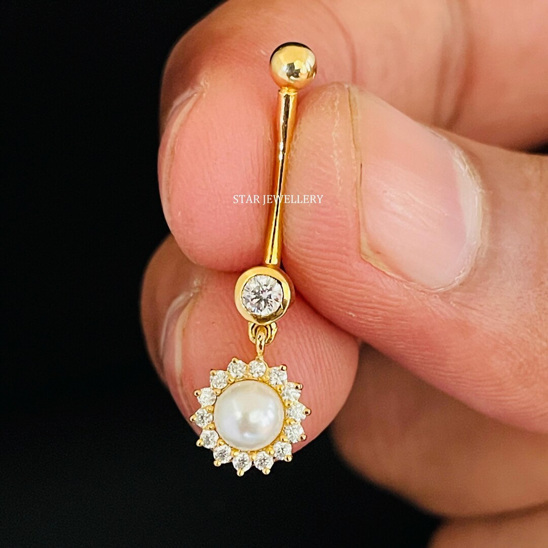 Diamond Halo Pearl Belly Piercing: 14K Gold Dangle Navel Bar - Etsy