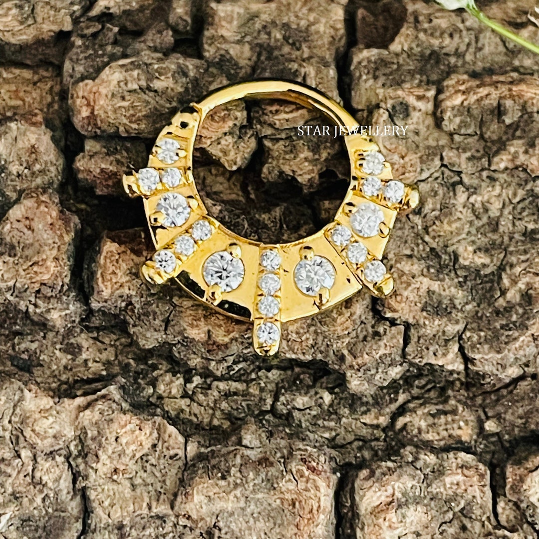 14K Gold Diamond Septum Ring: Natural Diamond Daith Piercing - Etsy