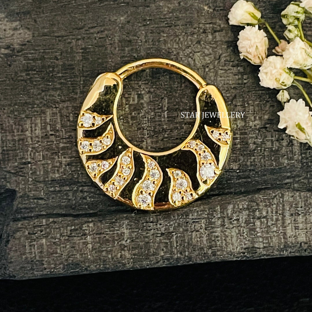 14K Gold Diamond Septum Ring: Fire Crescent Piercing - Etsy