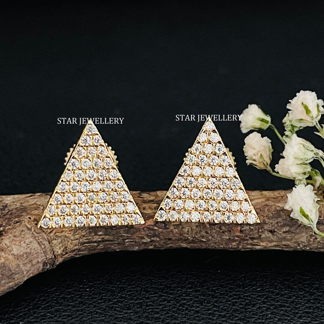 14K Solid Gold Diamond Triangle Earrings: Pave Set Bridal Jewelry - Etsy
