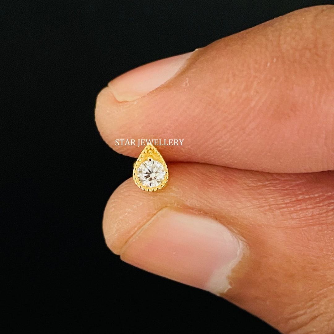 14K Gold Diamond Pear Stud: Nose, Tragus, Conch Piercing - Etsy